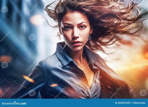Ai Generative Female Portrait In Dynamic Movement Stock Illustration