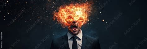 Stressed Businessman Exploding Head With Fire And Sparks Due To