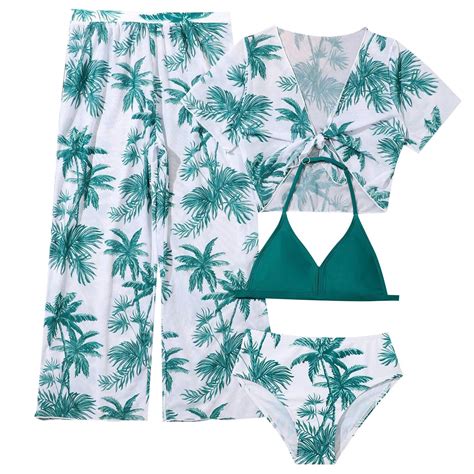 Zaroyeax Girls 4 Piece Swimsuits Tropical Print Halter Bikini Set