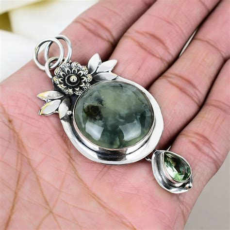 Prehnite Green Amethyst Gemstone 925 Sterling Silver Pendant Jewelry