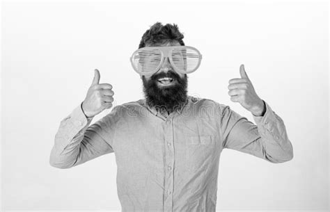 Cheerful Mood Concept Hipster Looking Through Of Giant Striped