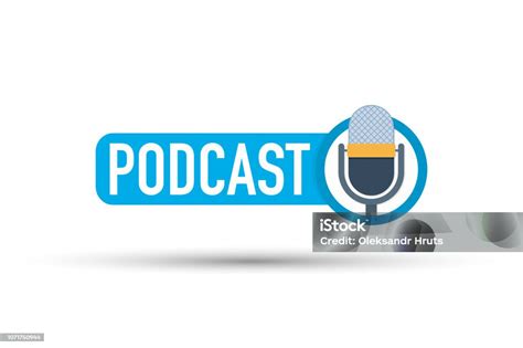 흰색 바탕에 파란색 포드 캐스트 레이블입니다 벡터 일러스트입니다 팟캐스팅에 대한 스톡 벡터 아트 및 기타 이미지 팟캐스팅