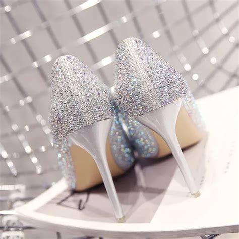 Sparkly Silver Wedding Shoes 2019 Leather Rhinestone Sequins 10 Cm