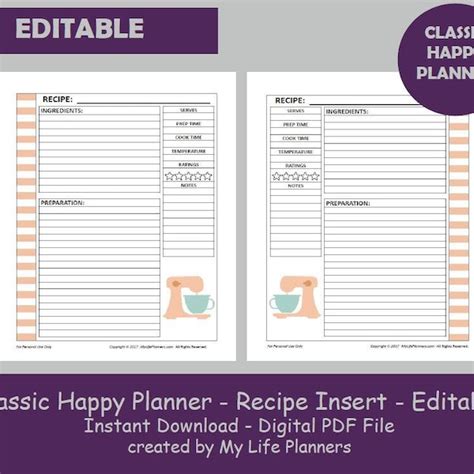 Happy Planner Classic Recipe Etsy