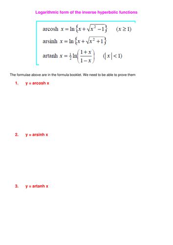 Further Mathsinverse Hyperb Functions Worksheet Teaching Resources
