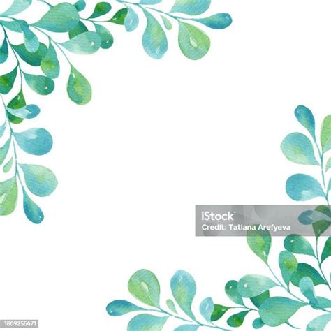 녹색과 파란색 잎이 있는 수채화 사각형 프레임 그림 스케치 녹색과 파란색 흰색 배경에 고립된 모서리 허브 장식 그라데이션 결혼식에 대한 스톡 벡터 아트 및 기타 이미지