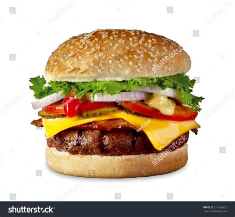 The Perfect Hamburger With Cheese Bacon Pickles Tomato Onions And