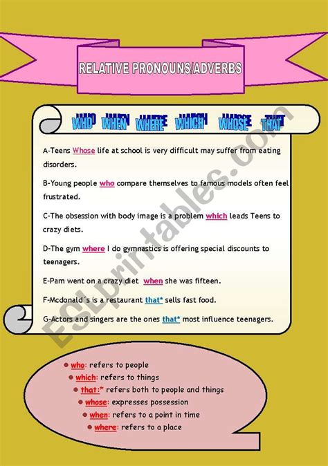 Relative Pronouns Adverbs Esl Worksheet By Mfatimacorte