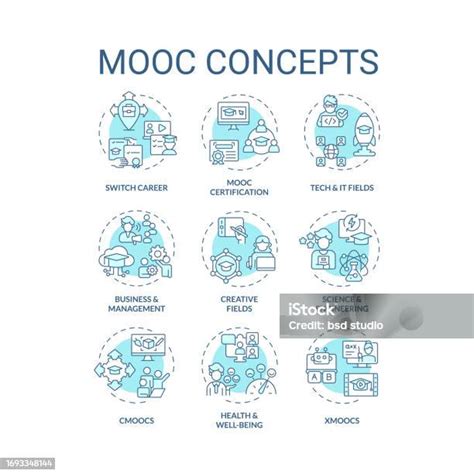 Mooc를 나타내는 편집 가능한 파란색 가는 선 아이콘 세트 대학교에 대한 스톡 벡터 아트 및 기타 이미지 대학교 선