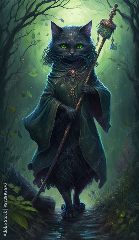 The Cute Black Cat Dryad With A Shiny Wooden Magic Staff In A Mystical