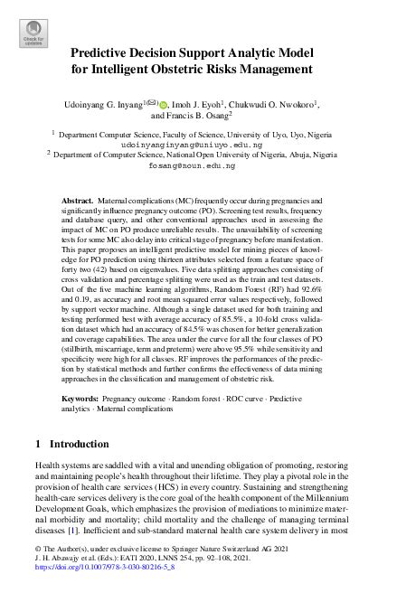 Pdf Predictive Decision Support Analytic Model For Intelligent Obstetric Risks Management