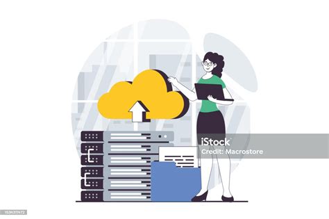 웹을 위한 플랫 디자인에서 사람 장면이 있는 Saas 개념입니다 클라우드 스토리지와 파일을 동기화하고 업로드하기 위해 데이터