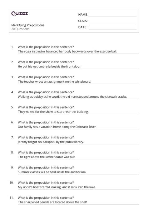 Prepositions Worksheet 5th Grade