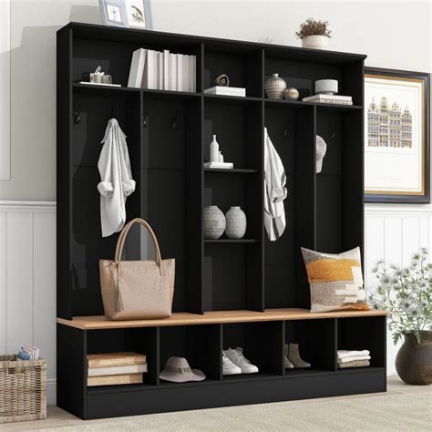 Wide Hall Tree Coat Rack Entryway Storage Bench Display Cabinet White