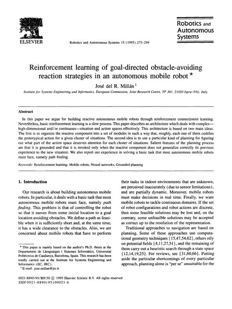 Pdf Millan J Reinforcement Learning Of Goal Directed Obstacle Avoiding Reaction Strategies