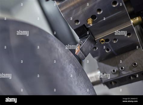 Modern Cnc Lathe Close Up Metal Processing Process On A Lathe Stock