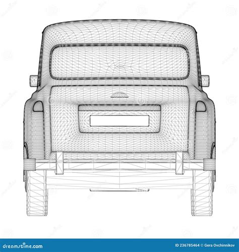 Wireframe Of A Retro Car From Black Lines Isolated On A White Background Back View 3d Stock