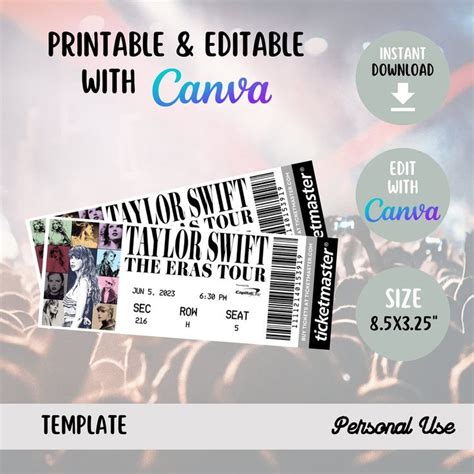 Taylor Swift The Eras Tour Ticket Canva Template Ticket Template