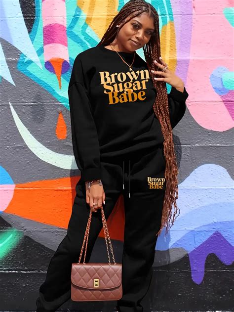 Plus Size Letter Print Two Piece Crew Neck Long Sleeve Temu Australia