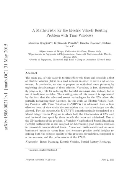 Pdf A Matheuristic For The Electric Vehicle Routing Problem With Time