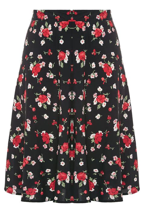 Black Floral Print Midi Skirt Yours Clothing