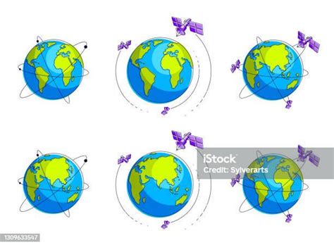 全球通信技術衛星繞地球飛行軌道飛行航太器空間站配有太陽能電池板和衛星天線板細線 3d 向量插圖集向量圖形及更多互聯網圖片 Istock