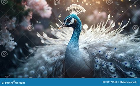 3d Image Of An Albino White Peacock With White Flowers Stock