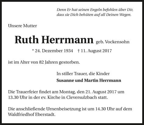 Traueranzeigen Von Ruth Herrmann Trauerundgedenken De