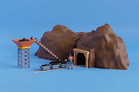 석탄 광산 산업 및 운송 3d 그림입니다 탄광에서 일하십시오 석탄을 실은 탄광 입구와 광산 트롤리 석탄 광산에 대한 스톡 사진