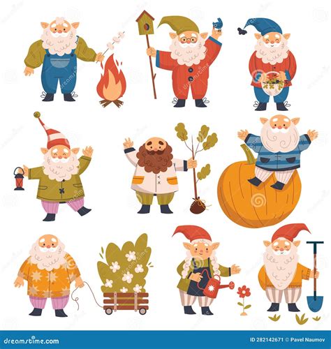 Gnome Characters Cute Gnomes With Beard Funny Garden Decoration Adorable Dwarfs With Lantern