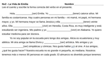 La Vida de Emilia - Spanish 2 EDITABLE fill-in-the-blank reading