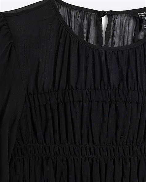 Black Long Sleeve Shirred Chiffon Blouse River Island