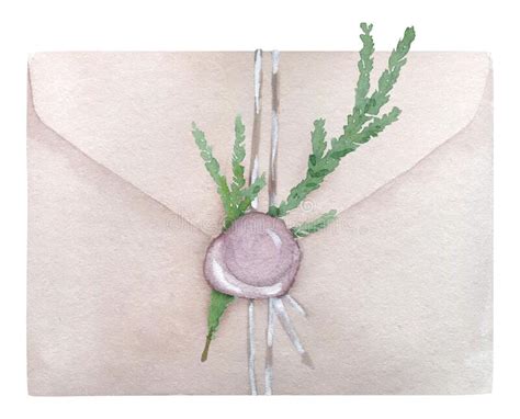 Hand Drawn Watercolor Craft Envelope With A Twig Of Thuja Stock