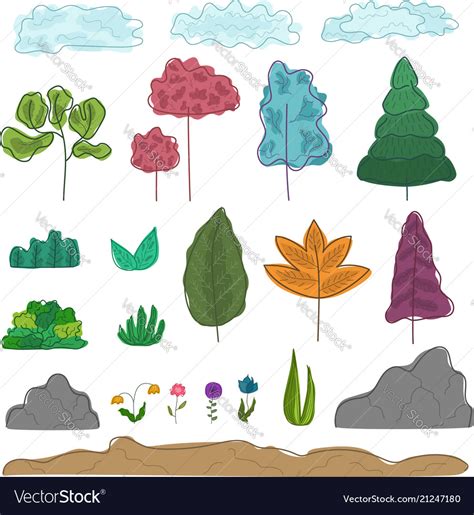 Set Of Colorful Outline Abstract Trees Grass Vector Image