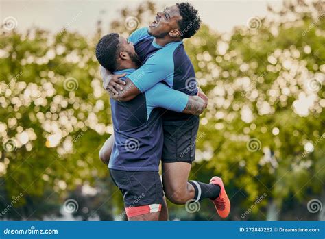 Rugby Men, Hug and Celebration at Game for Winning, Teamwork and Success on Field for Sports ...