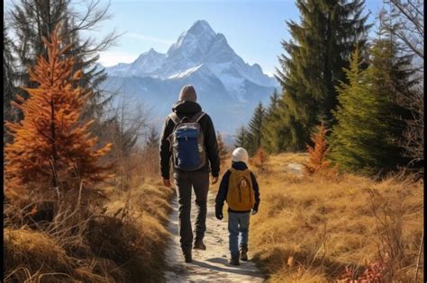 Un Père Et Son Fils Font De La Randonnée Dans Les Montagnes Photo