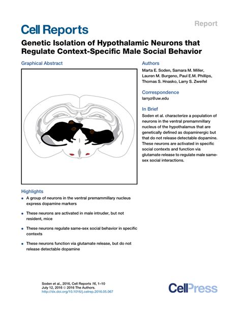 Pdf Genetic Isolation Of Hypothalamic Neurons That Regulate Context Specific Male Social Behavior