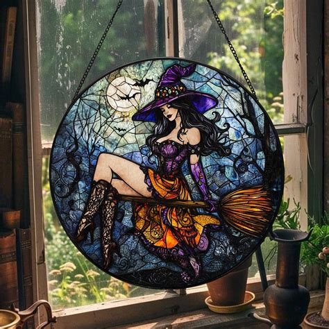 Witch Stained Glass Suncatcher Halloween Window Decor Etsy