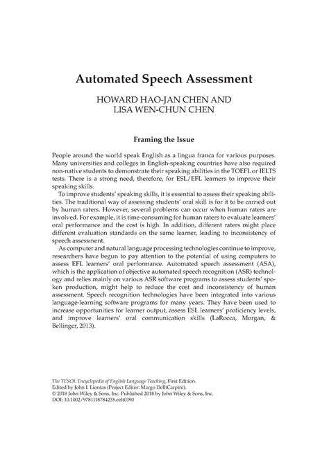 Automated Speech Assessment Chen2018 The TESOL Encyclopedia Of English Language Teaching