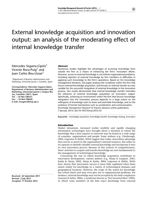 Pdf External Knowledge Acquisition And Innovation Output An Analysis