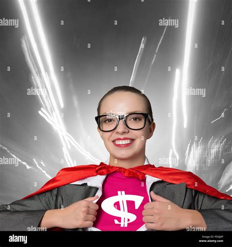 Young Woman Acting Like Super Hero With Dollar Sign On Chest Stock