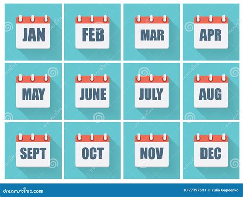 Month Dates Flat Icon Set With Long Shadow Vector Illustration Stock