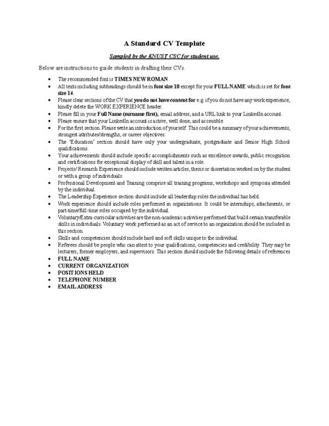Cv Template Manual Kcsc A Standard Cv Template Sampled By The Knust
