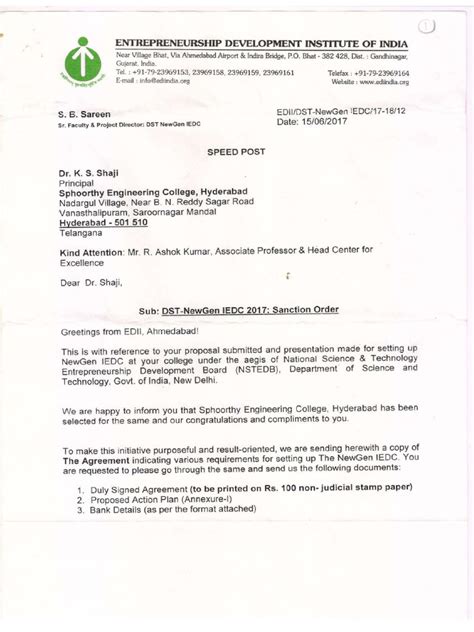 Sphoorthy Newgen Iedc 2017 Sanction Order And 1st Year Grant Pdf