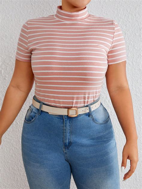 Shein Essnce Plus Striped Mock Neck Tee Shein Usa