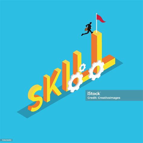성공을 달성하기 위해 기술을 업그레이드하는 사업가 아이소메트릭 3d 3차원 형태에 대한 스톡 벡터 아트 및 기타 이미지 3