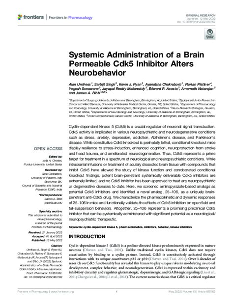 Pdf Systemic Administration Of A Brain Permeable Cdk5 Inhibitor Alters Neurobehavior