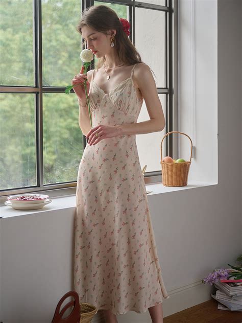 Juliana Lace Patchwork V Neck Floral Suspender Dress Apricot
