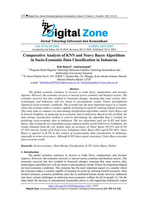 Pdf Comparative Analysis Of Knn And Neavy Bayes Algorithms In Socio Economic Data