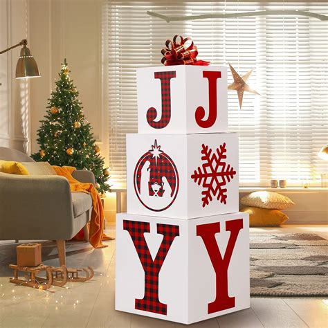 Teling 4 Pcs Merry Christmas Joy Boxes Decorations Christmas Large Stackable Nesting